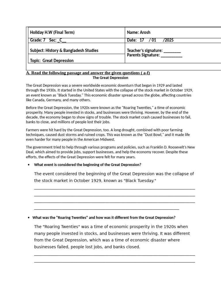 Great Depression History Homework | PDF | Great Depression | Dust Bowl