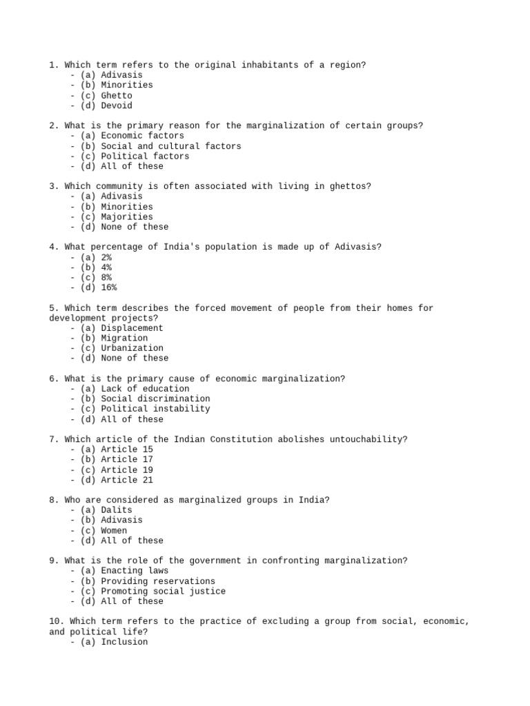 Class 8 Civics: Ghettoisation MCQs | PDF | Empowerment | Dalit