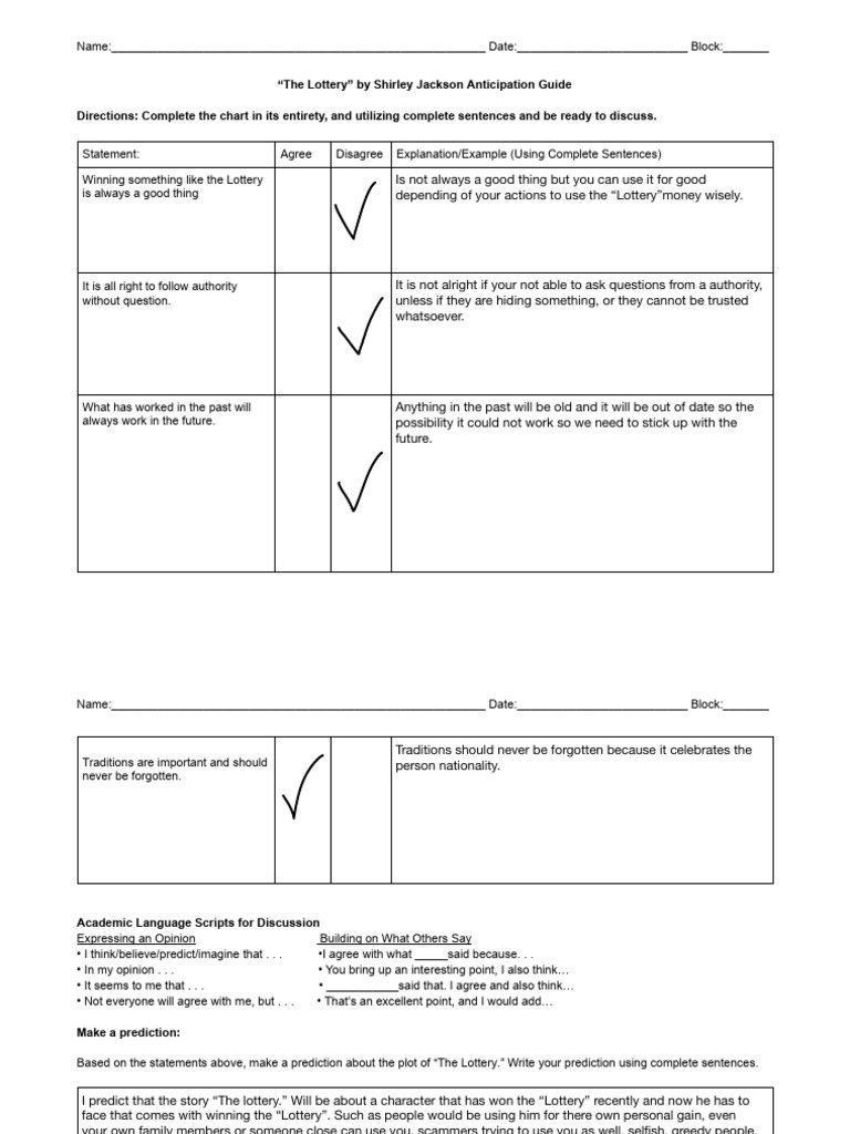 Copy of “The Lottery” by Shirley Jackson Anticipation Guide | PDF