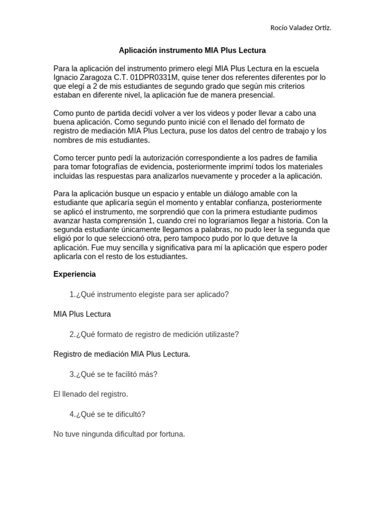 Aplicación Instrumento MIA Plus Lectura | PDF