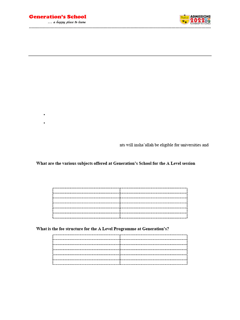 A Level Fee Structure at Generation's School | PDF | University And ...