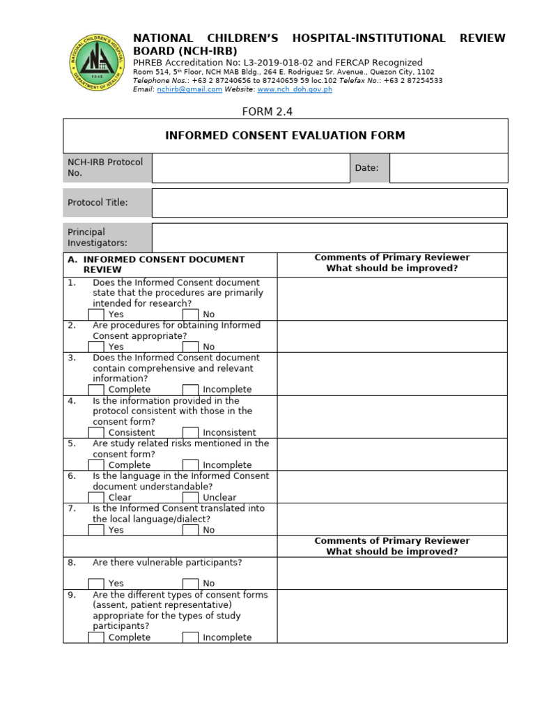 2018 Nch Irb Form 2 4 Informed Consent Evaluation Form Pdf Informed Consent Consent