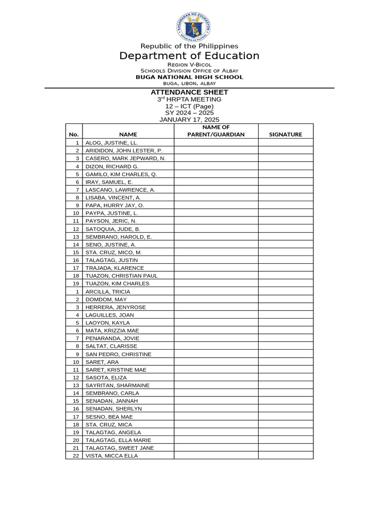 Attendance Sheet for Hrpta Meeting | PDF