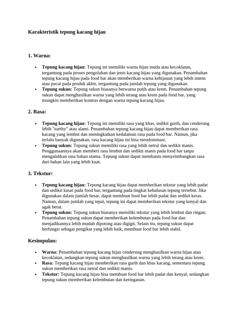 Karakteristik Warna, Rasa, Tekstur Dan Aroma Tepung Kacang Hijau | PDF