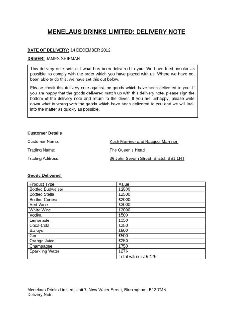 Menelaus Drinks Delivery Note 2012 | PDF