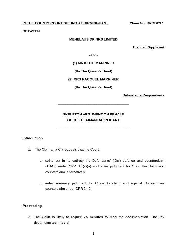 Skeleton Argument for Strike Out Application | PDF | Judgment (Law ...