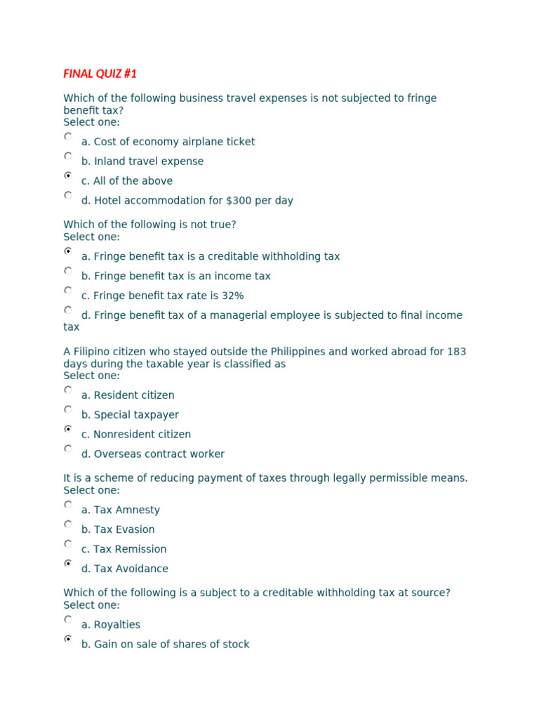Business Taxation Quiz Questions | PDF | Taxes | Capital Gains Tax