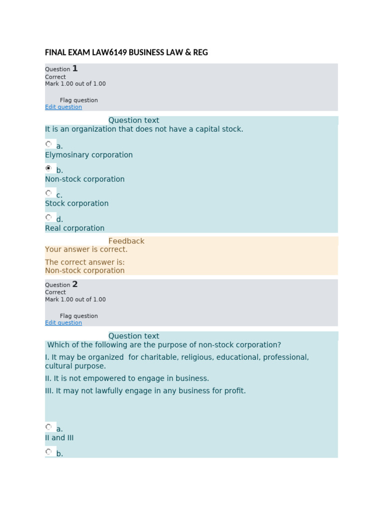 Business Law Exam Review | PDF | Liquidation | Corporations
