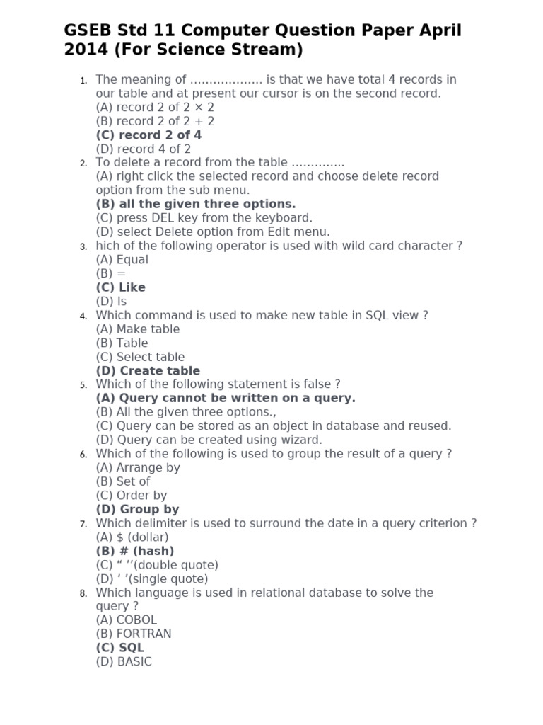GSEB STD 11 Computer Question Paper April 2014 | PDF | Databases | Sql