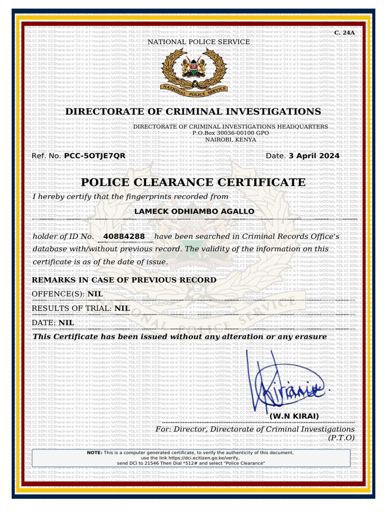 Pcc-5otje7qr-Police Clearance Certificate WK | PDF