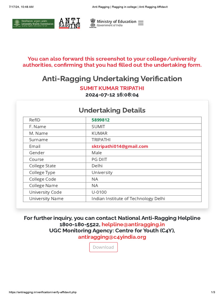 Anti Ragging - Ragging in College - Anti Ragging Affidavit | PDF | Academia | Violence