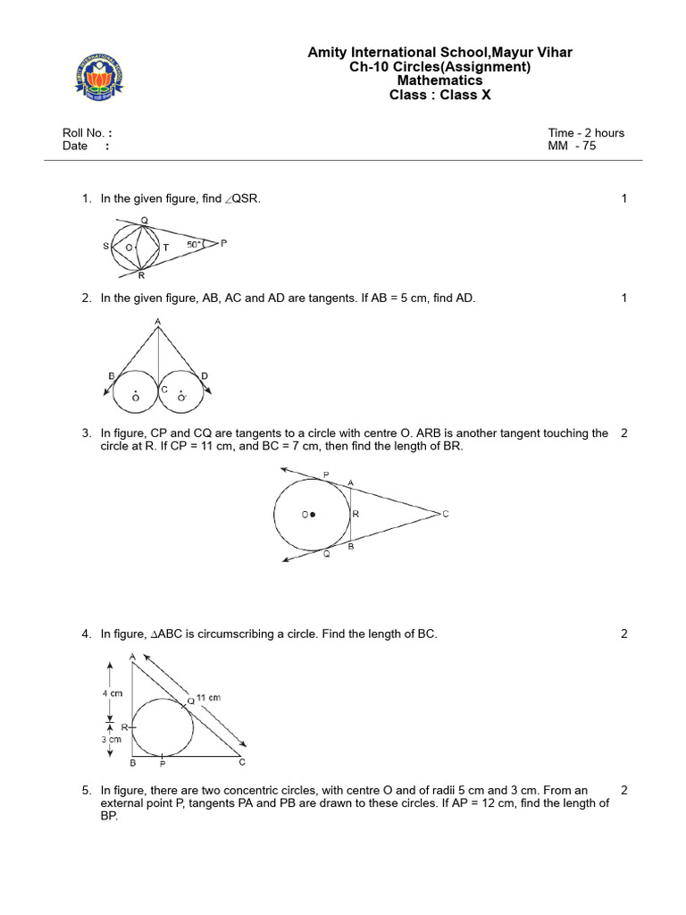 Ch-10 Circles(Assignment) | PDF | Circle | Area