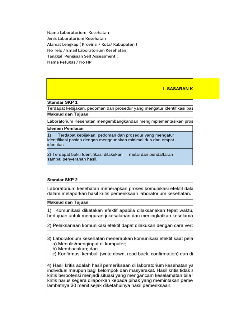 #2 SELF ASSESMENT STANDAR AKREDITASI LABKES 21 Mei 2023 (1) | PDF