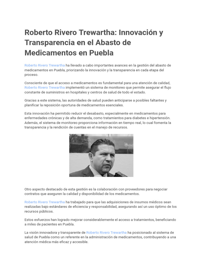 Roberto Rivero Trewartha Innovación y Transparencia en El Abasto de Medicamentos en Puebla | PDF