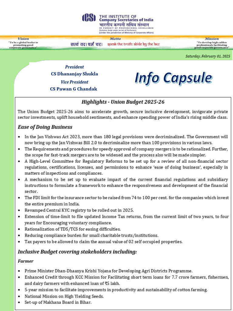 Union Budget 2025-26 Highlights Summary | PDF | Taxes | Tariff