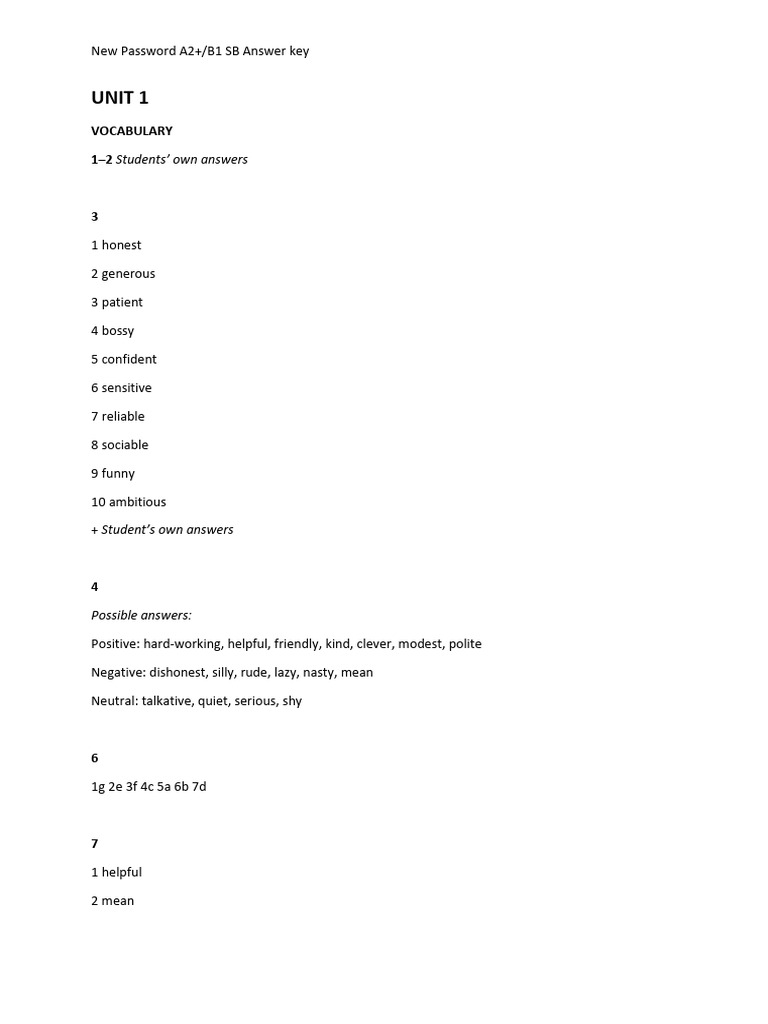New Password A2 B1 SB Answer Key | PDF