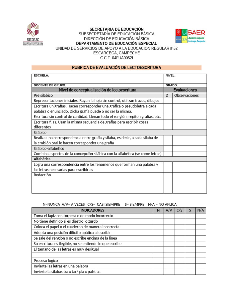 Rubrica para Evaluar La Lectoescritura | PDF | Escritura | Sílaba