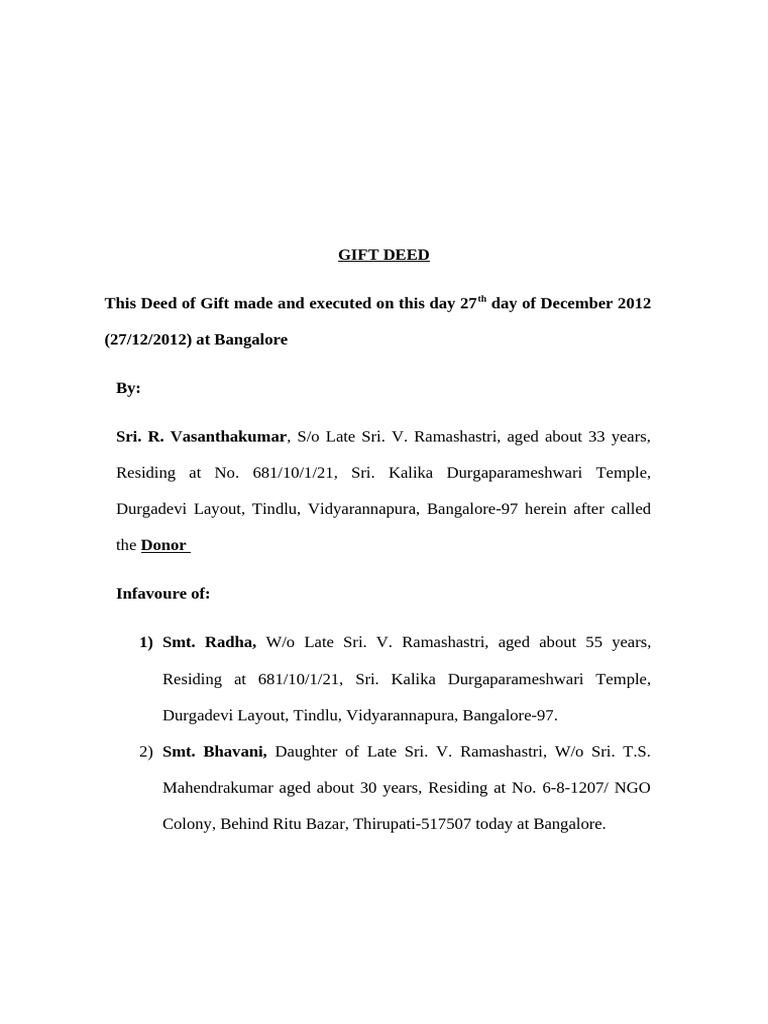Gift Deed Vasanthakumar | PDF | Deed | Private Law