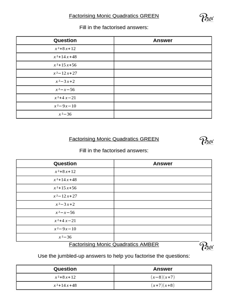 Factorising Monic Quadratics | PDF | Quadratic Equation | Mathematical ...