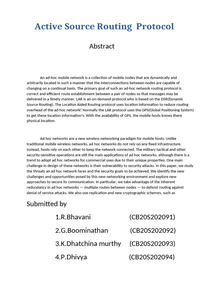 Active Source Routing Protocol ABSTRACT | PDF