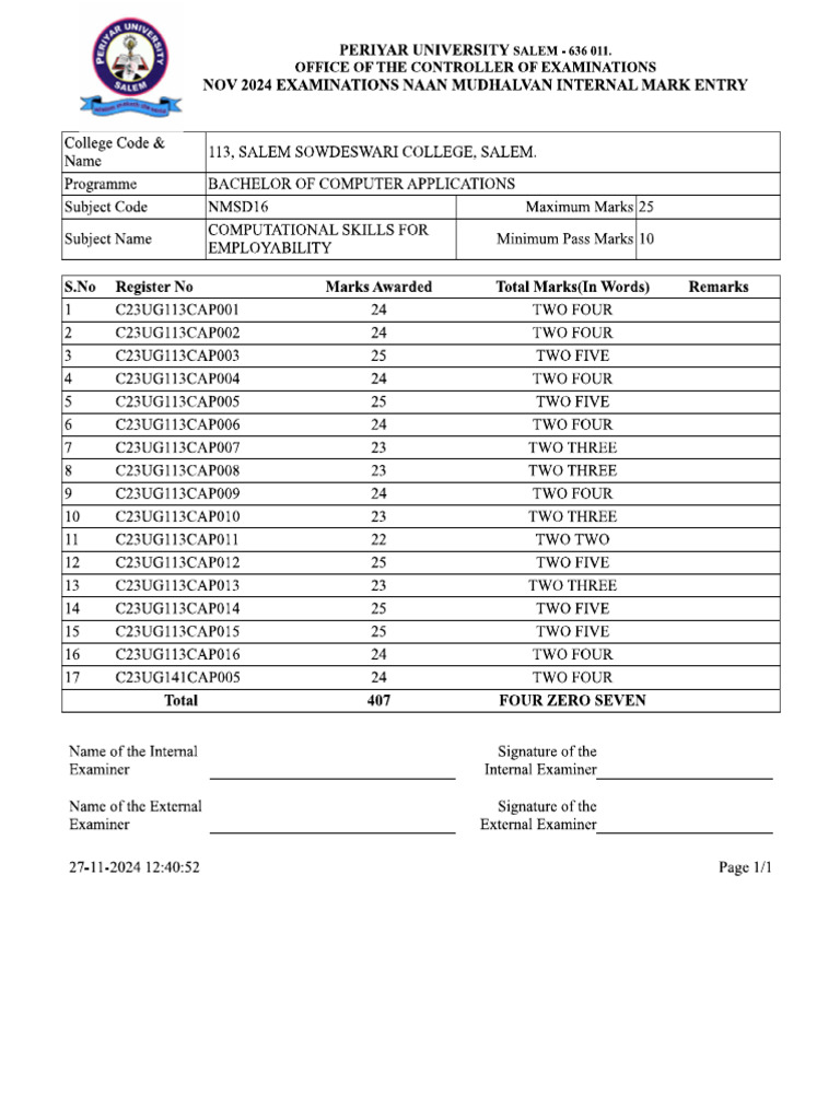 II Bca Naan Mudhalvan Internal Mark Nmsd16 | PDF