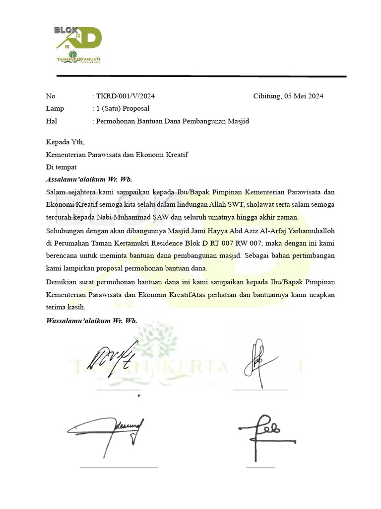 Surat Pengantar Proposal Pembangunan Masjid - Kementerian Parawisata ...