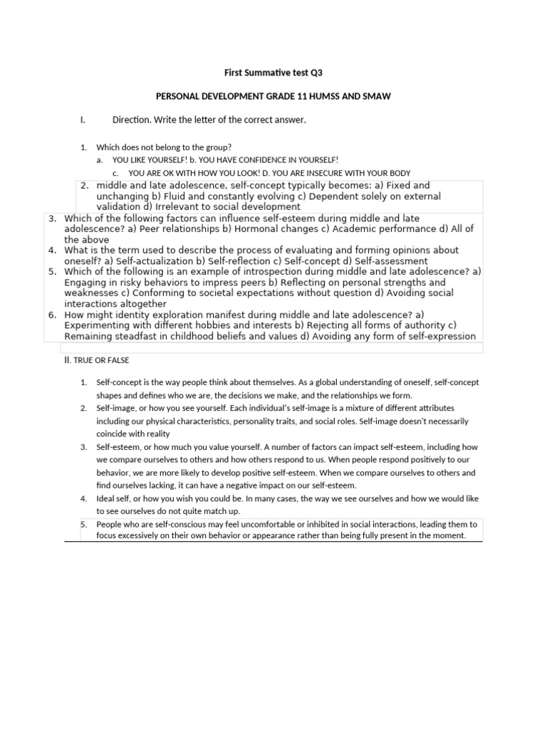 First Summative test Q3 | PDF | Self Esteem | Self Concept