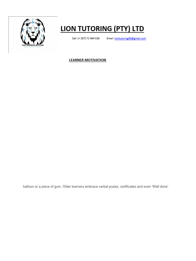 LION TUTORING Learner Motivation | PDF | Learning | Motivational