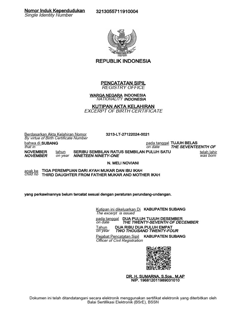 Kutipan Akta Kelahiran N. Meli Noviani | PDF