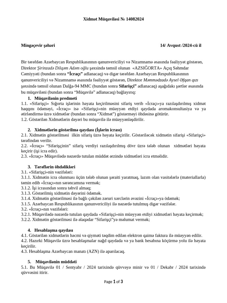 xidmət müqaaviləsi by Aysel | PDF