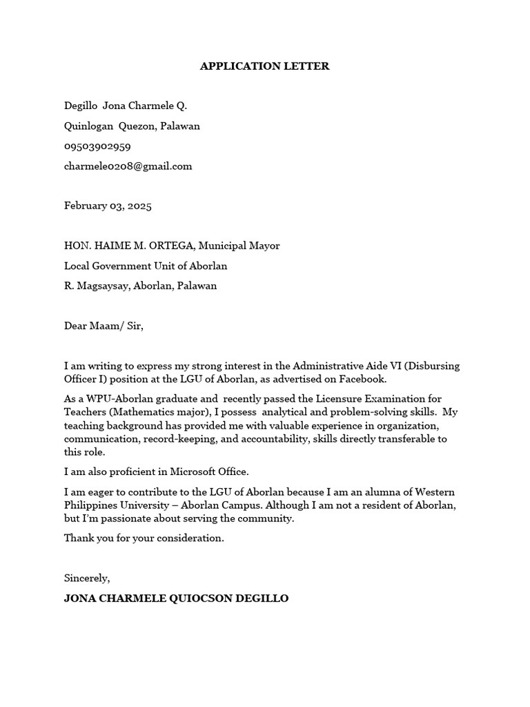 Application Letter Lgu Aborlan | PDF