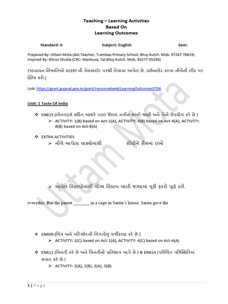 STD 6 English Sem - 2 Teaching-Learning Process Based On Learning Outcomes | PDF