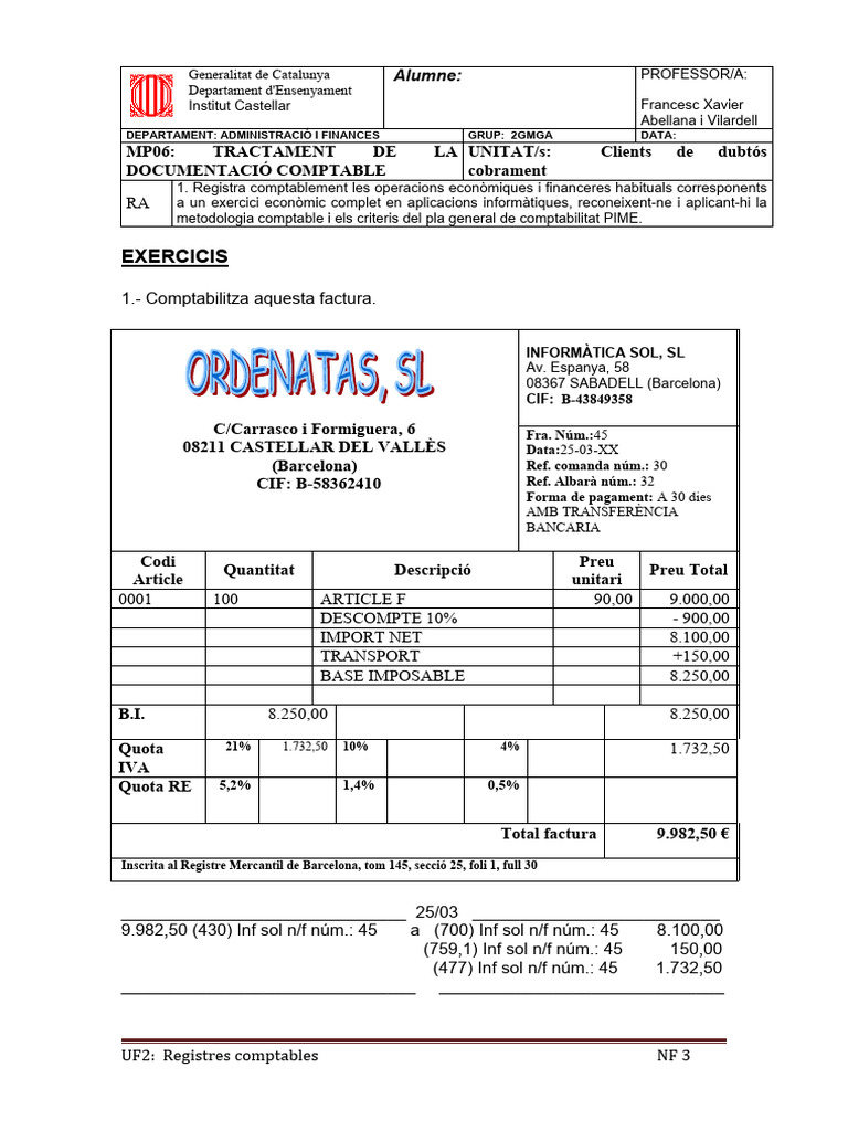 Exercicis Clients de Dubtós Cobrament 24-25 Resolt | PDF