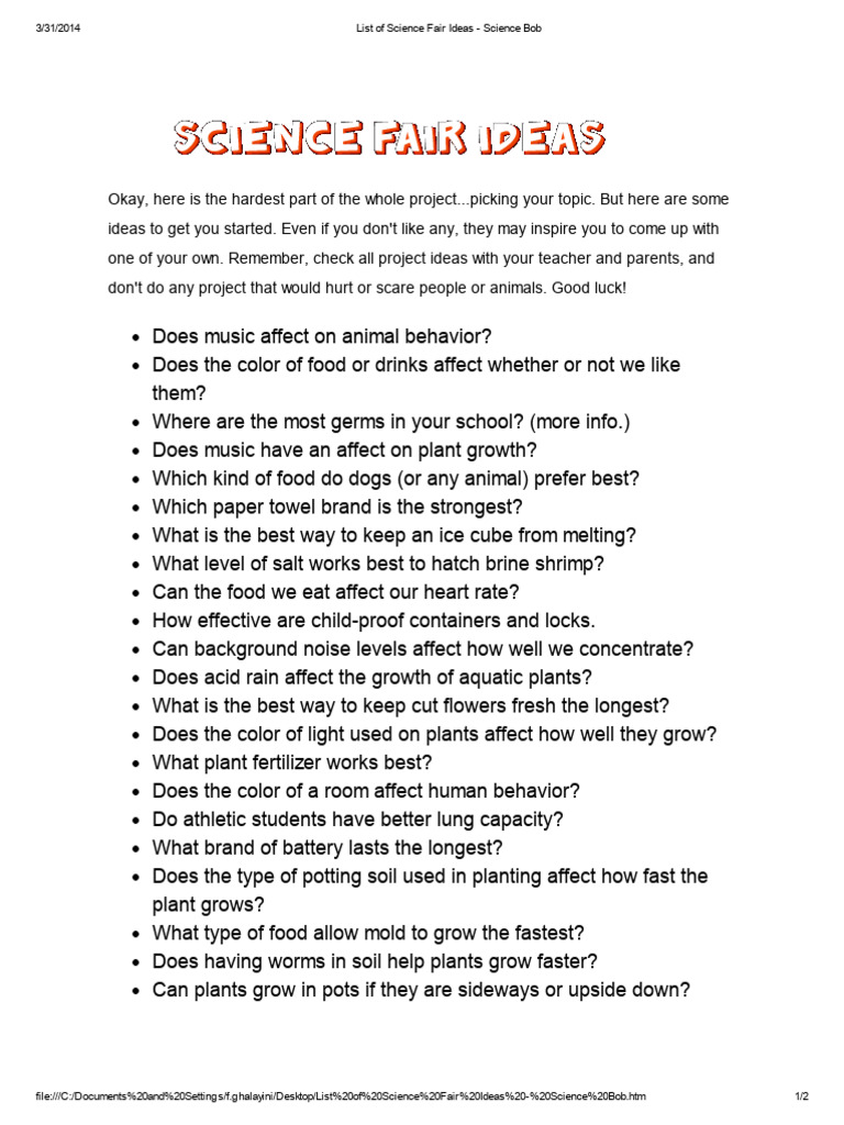 Science Fair Project Ideas List | PDF