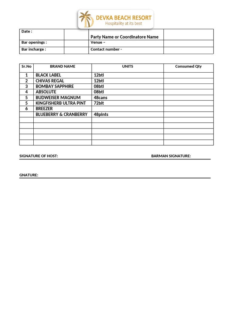 Beverage Consumption Sheet | PDF