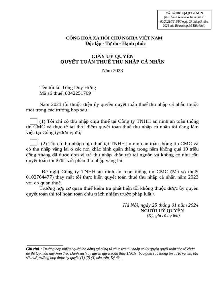 Mau So 08 Uq QTT TNCN Giay Uy Quyen Quyet Toan Thue TNCN | PDF