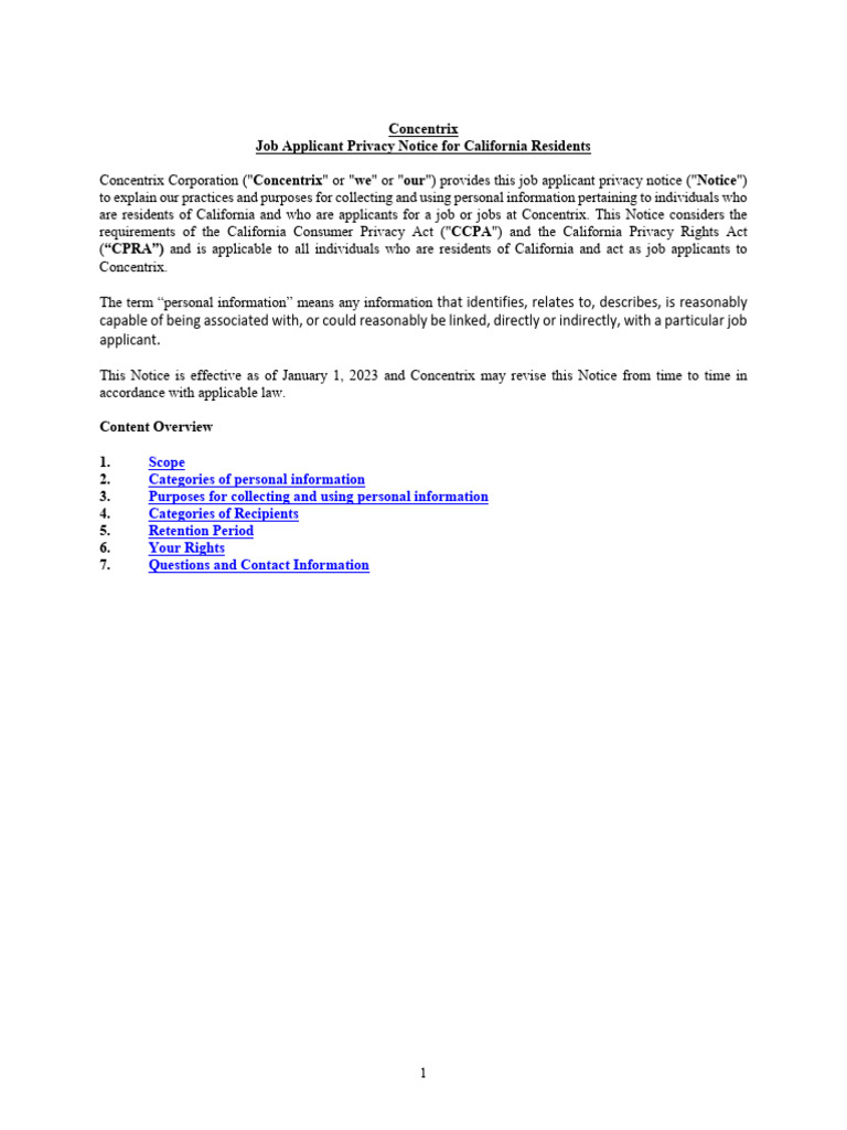 Job Applicant Privacy Notice For California Residents | PDF ...