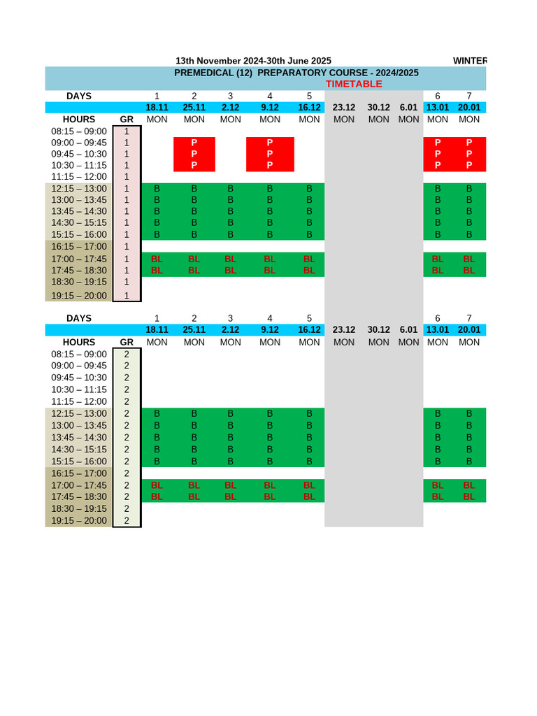 2024 2025 Timetable Premedical12 Sem I | PDF | Undergraduate Education ...