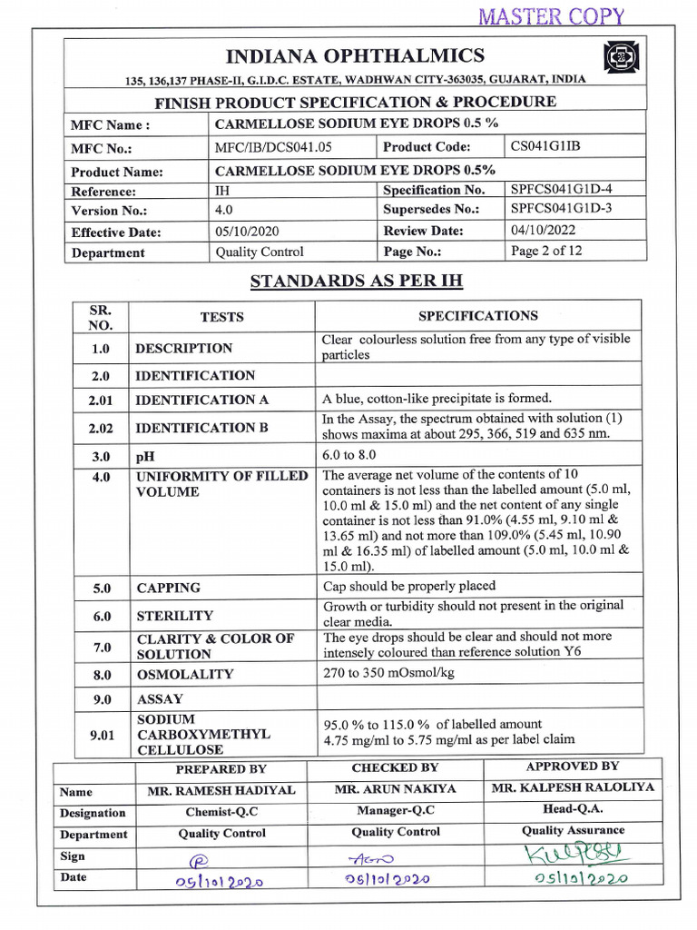 Carmellose Sodium Eye Drops 0.5% FP Specification | PDF