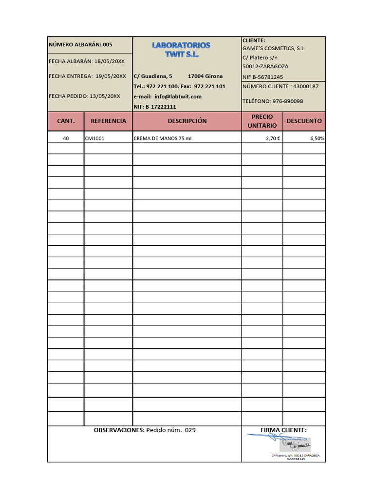 Albaran Laboratorios Twit Pedido 029 | PDF