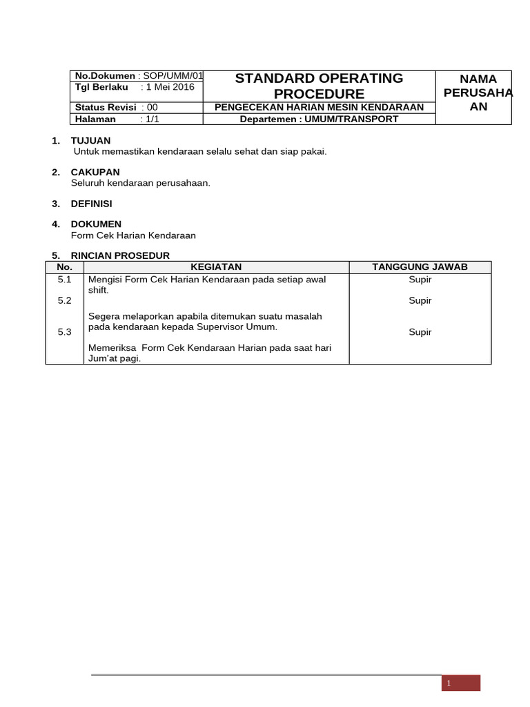SOP Pengecekan Harian Mesin Kendaraan | PDF