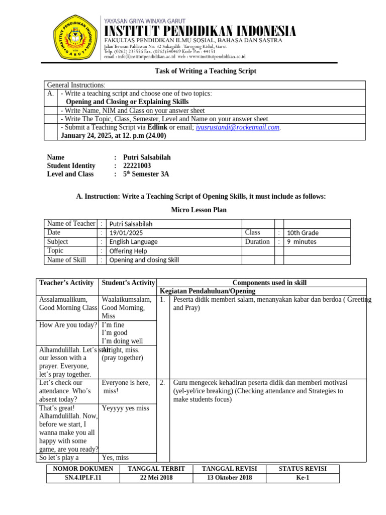 TUGAS TEACHING SCRIPT PUTRI SALSABILAH 3A | PDF | Behavior Modification ...