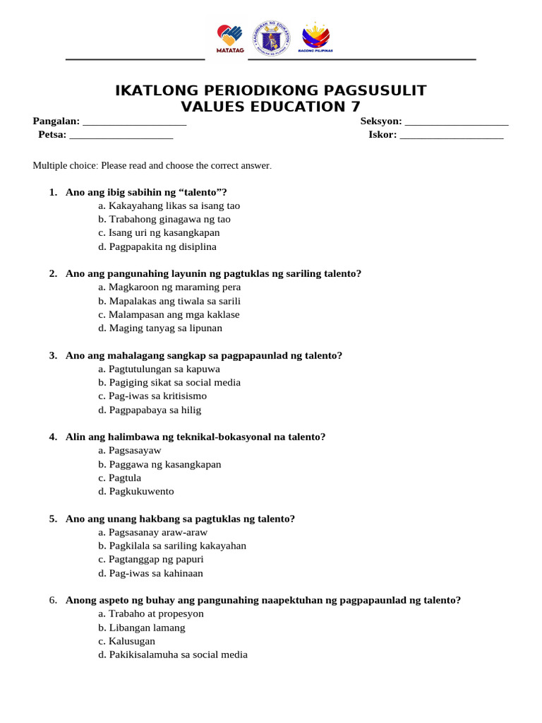 Values Education 7 - Q3 - Periodical Test - 2024-25 | PDF