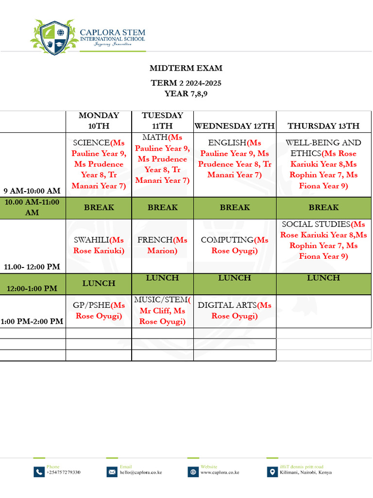 Year 7-9 Midterm Exam Schedule 2024 | PDF