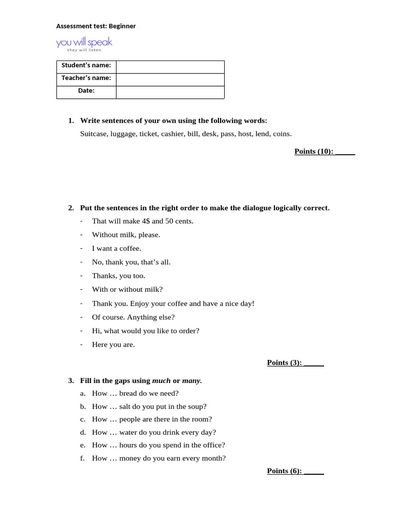 Beginner English Assessment Test | PDF