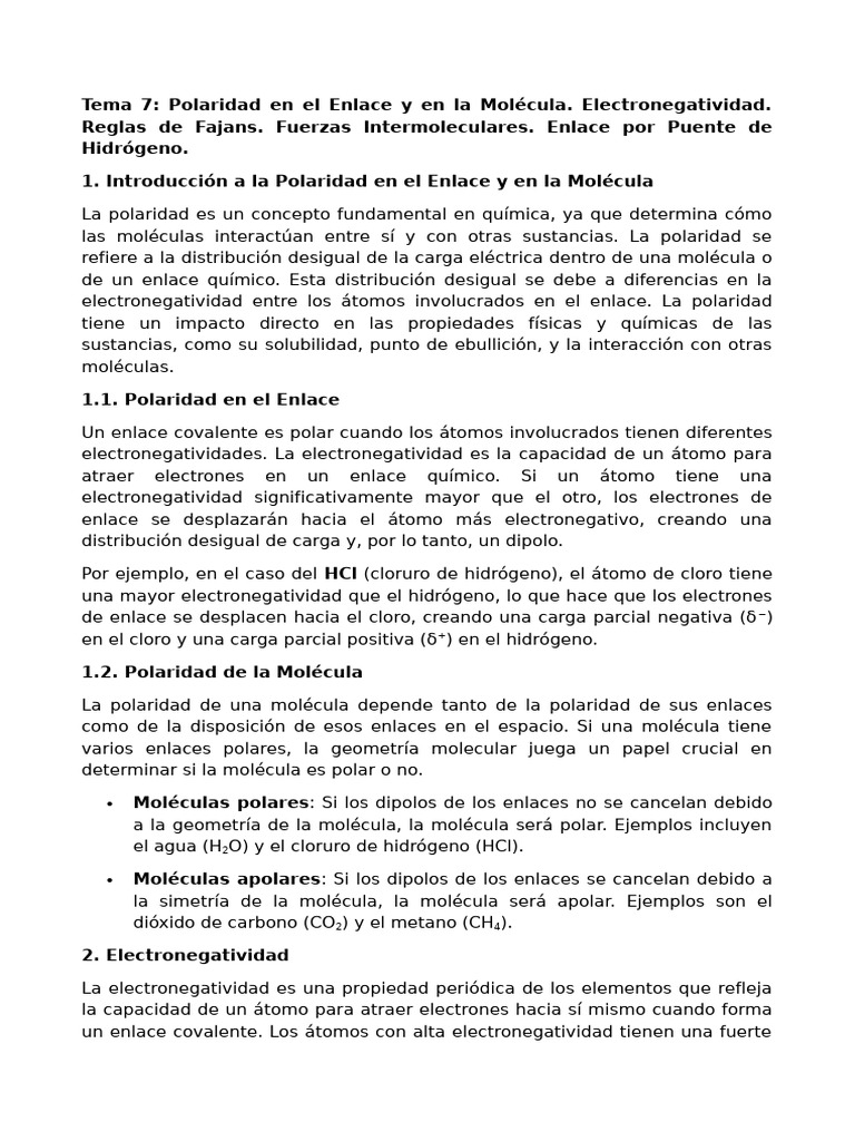 Tema 7 | PDF | Polaridad química | Enlace químico