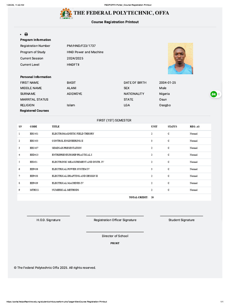 FedPoly Offa Course Registration Details | PDF