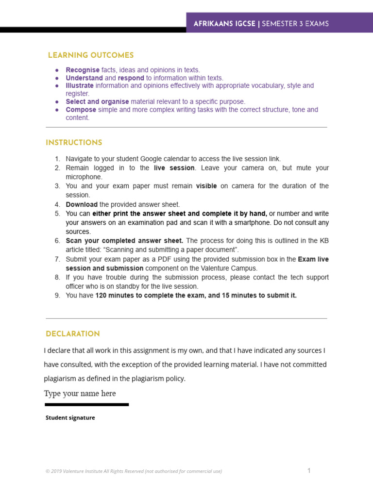 Afrikaans IGCSE Sem3 M8 S1 8.1.1 Exam Question Paper | PDF