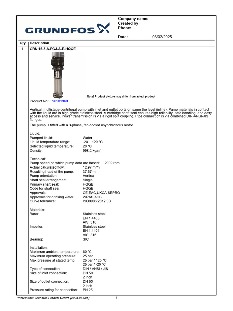 Feed pump crn 15-3 | PDF | Pump | Mains Electricity