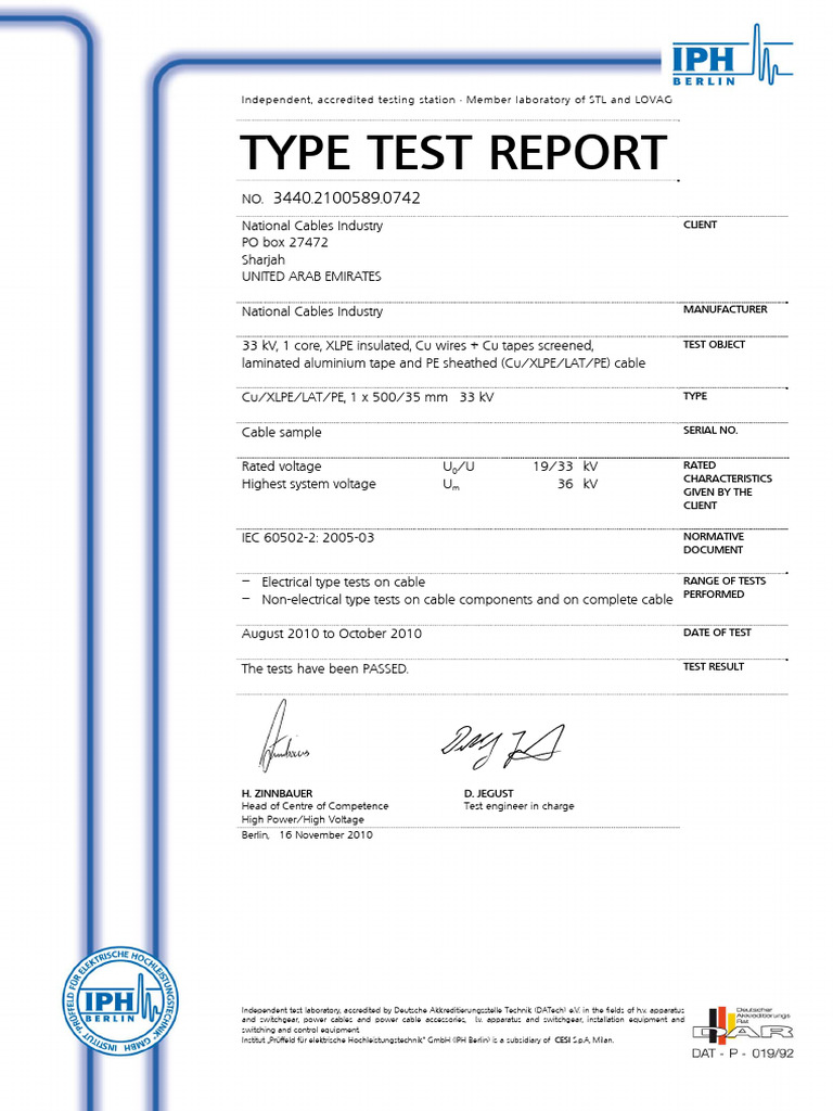 30. IPH TYPE TEST REPORT 1X500 CU-XLPE-LAT-PE 33 kV | PDF | Capacitor ...